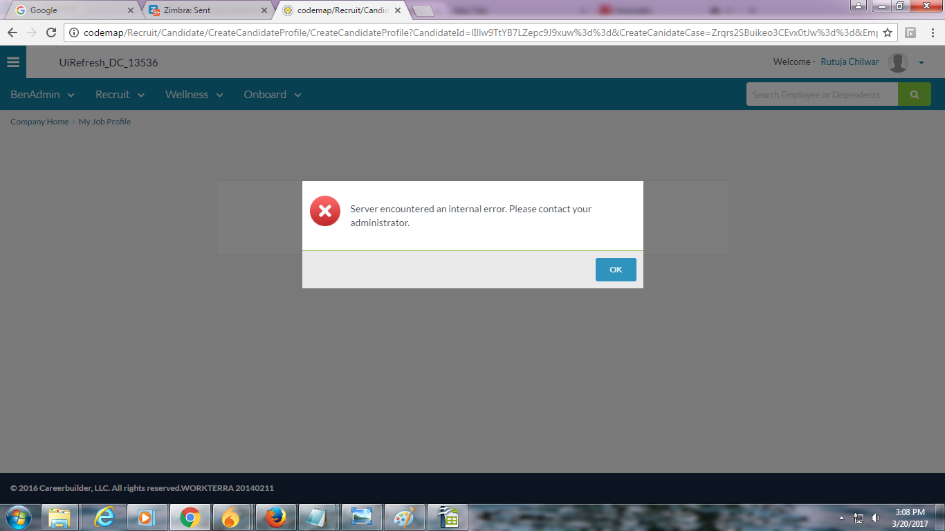 Nf 586 Functionalnew Layout Server Error For My Job Profile Tile Under Recruit Module